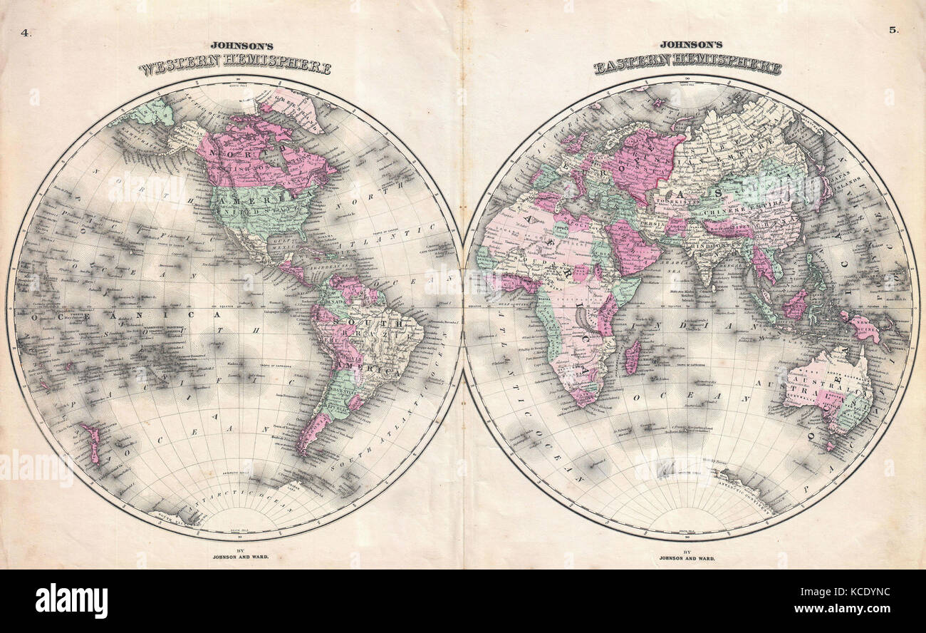 1862, Johnson Map of the World on Hemisphere Projection Stock Photo - Alamy