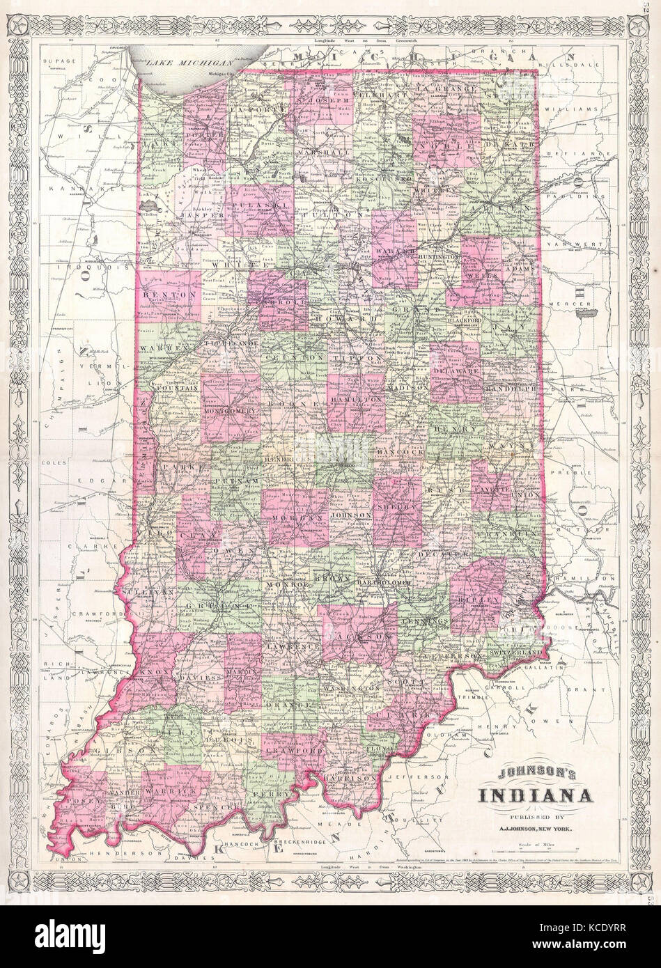 1864, Johnson Map of Indiana Stock Photo - Alamy