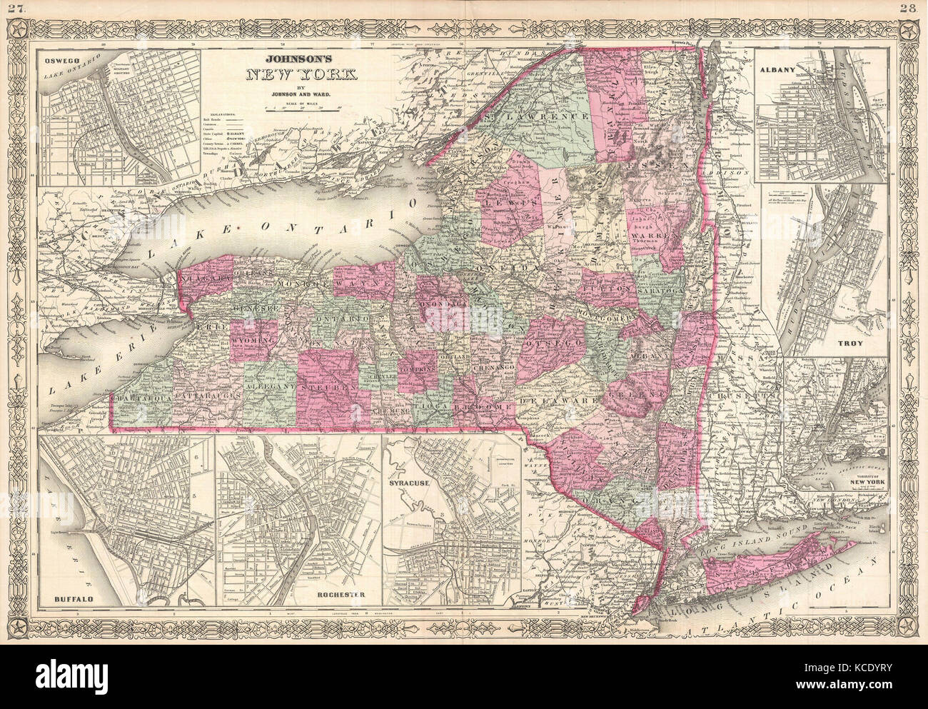 1864, Johnson Map of New York Stock Photo - Alamy