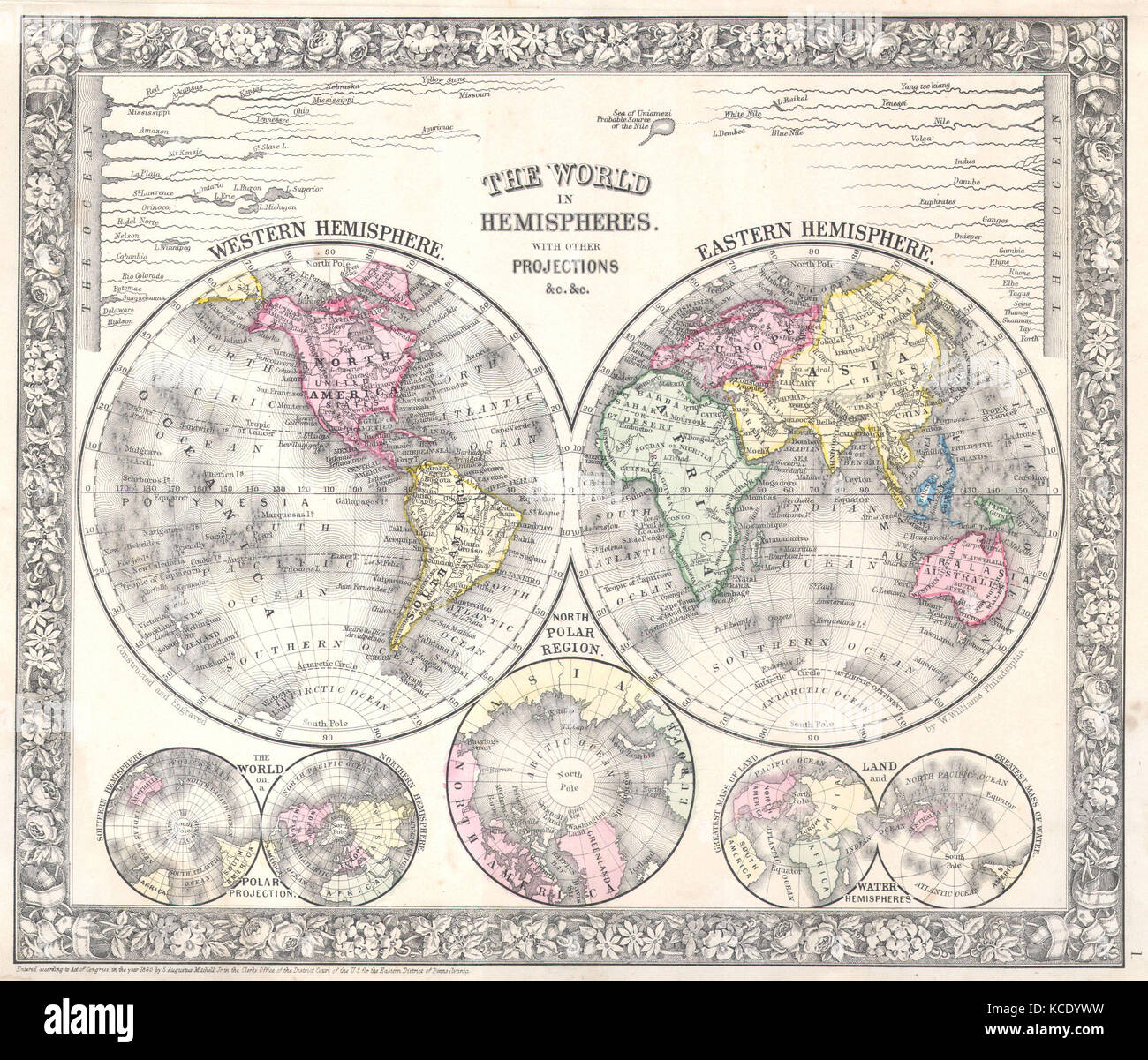 1864, Mitchell Map of the World on Hemisphere Projection Stock Photo ...