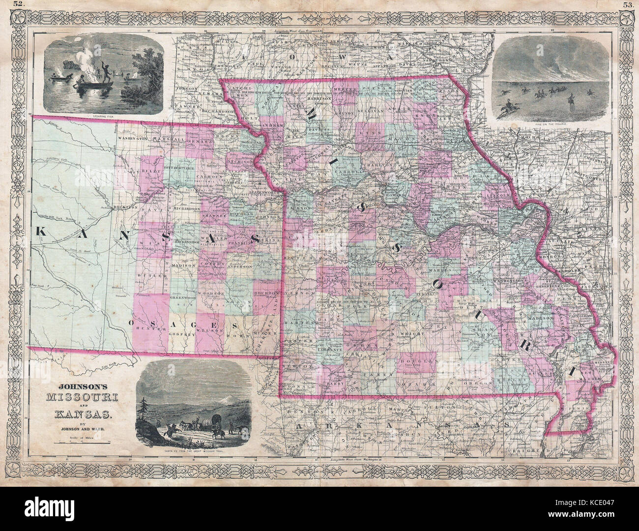 1874, Johnson Map of Missouri and Kansas Stock Photo - Alamy