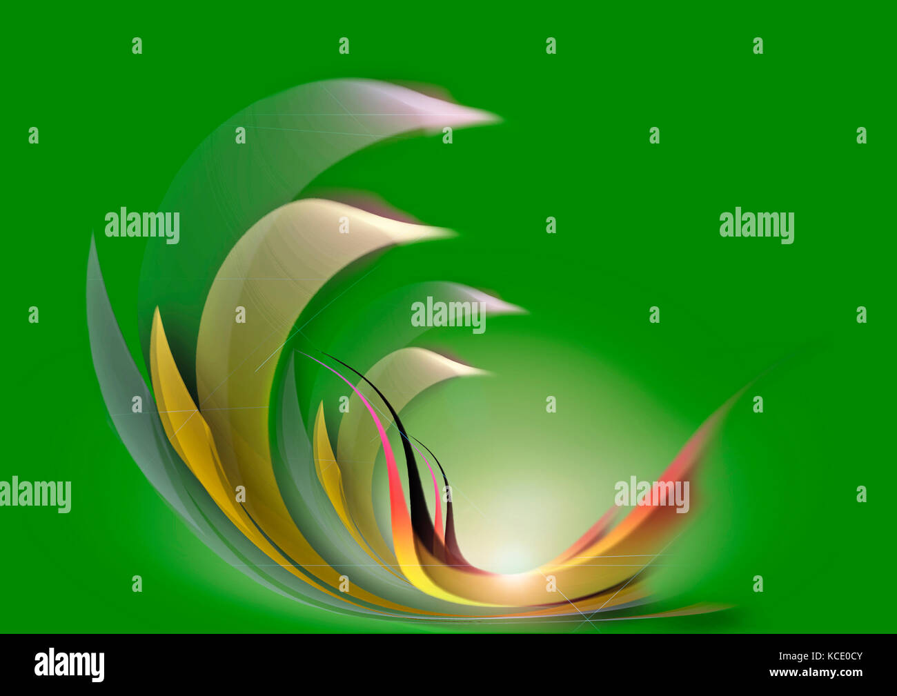 Bright green back lit background with yellow luminous waves and ...