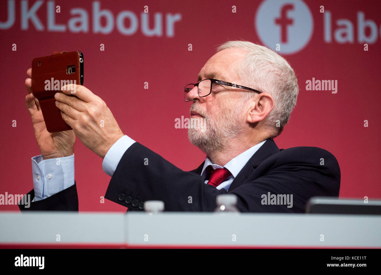Jeremy Corbyn, Labour leader, takes a photo with his iPhone of one of ...