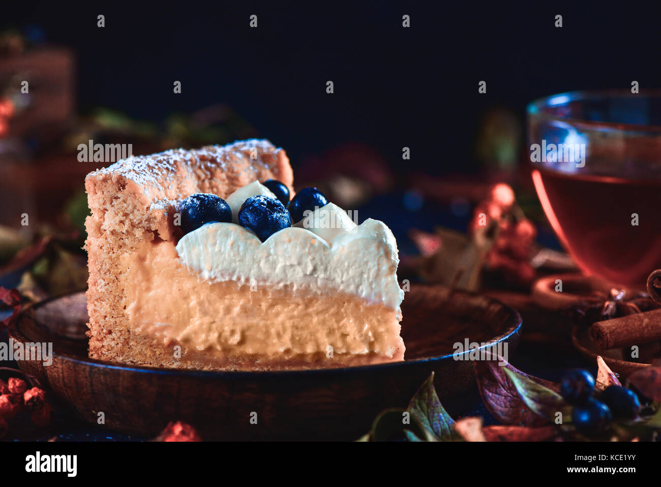 Hommemade crust cake with wipped cream, blueberries and pumpkin puree ...