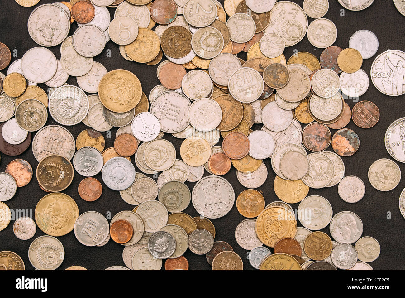 Tbilisi, Georgia. Top View Of Old Vintage Retro Coins Of Different ...