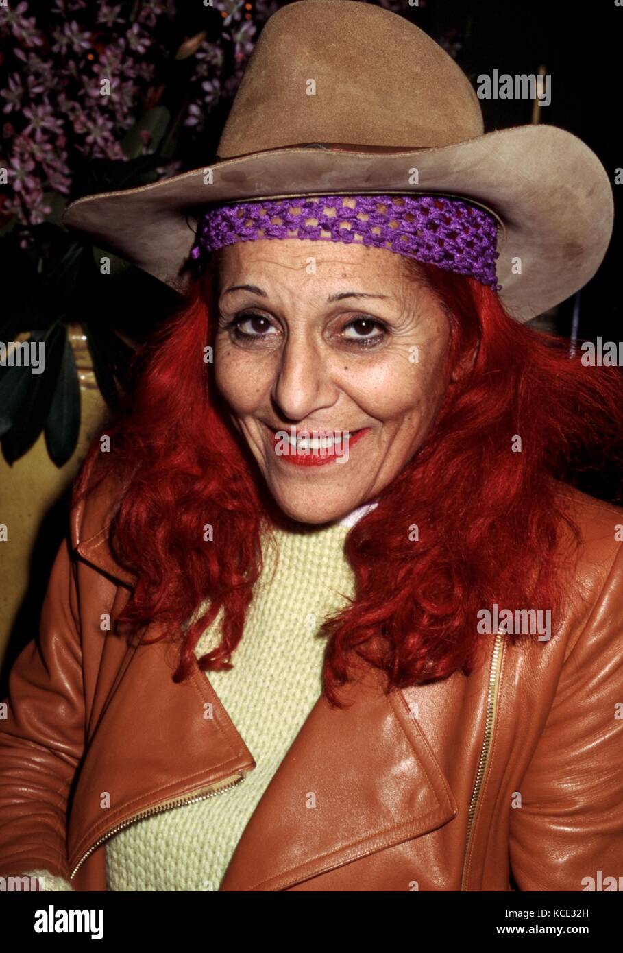 Patricia Field in a leather jacket and suede hat "Screen Door" Party at ...