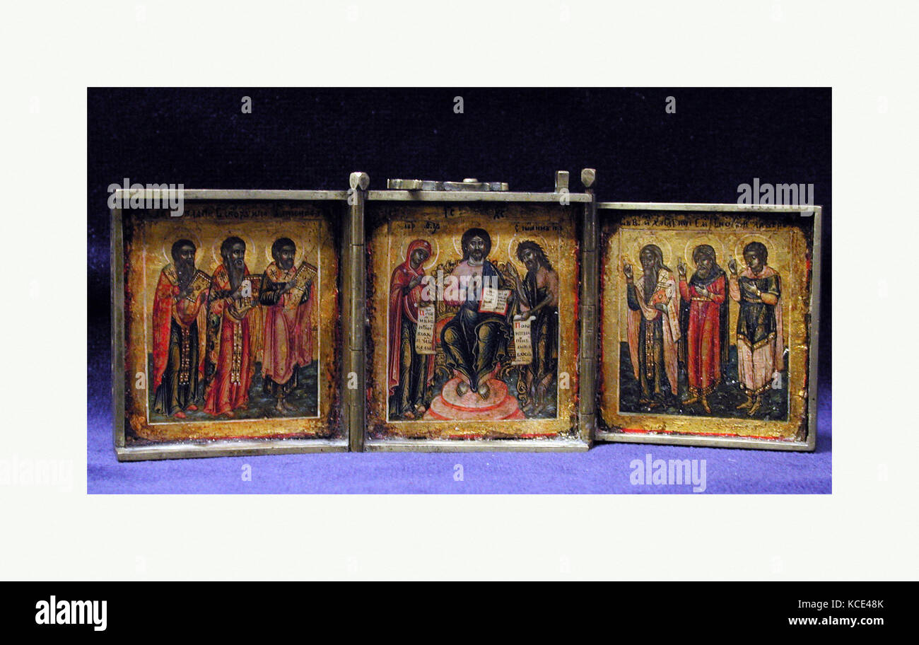 Traveling triptych, mid-18th century, Russian, Painted icon, silver, gilt, brass, H: 2-3/4 in ...