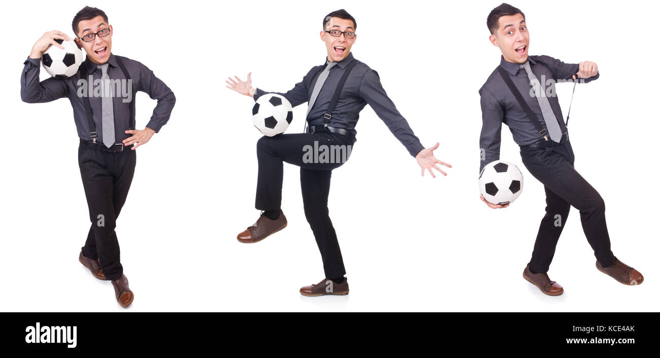 Funny man with football isolated on white Stock Photo - Alamy