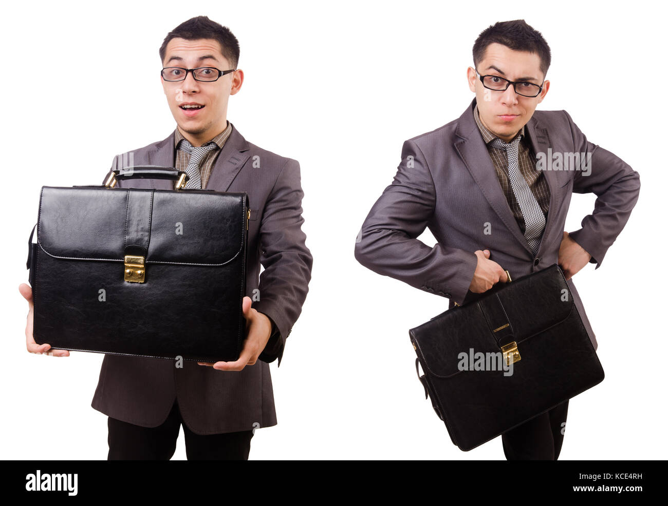 Young man holding briefcase isolated on white Stock Photo - Alamy