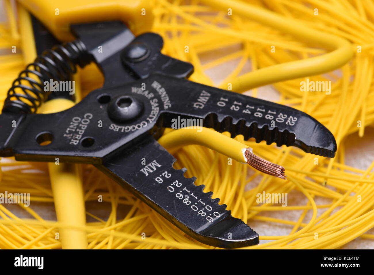 Tools and cables used in electrical home installation, closeup Stock ...