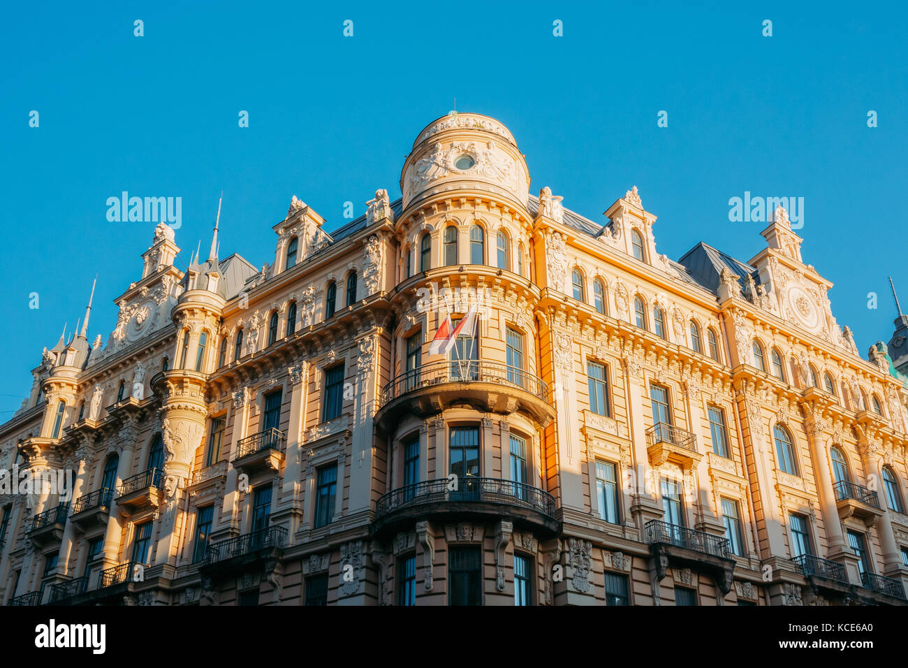 Riga, Latvia. Facade Of Old Art Nouveau Building Designed By Mikhail ...