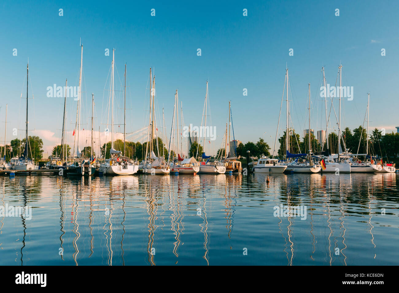 Riga, Latvia. Many Yachts Moored At The City Pier Harbour And Quay In ...
