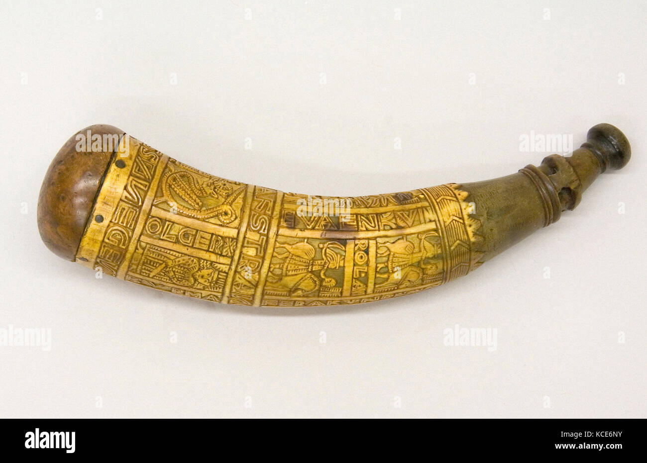 Powder Flask, ca. 1700, Norwegian, Horn, wood (burled walnut), L. 9 5/8 ...