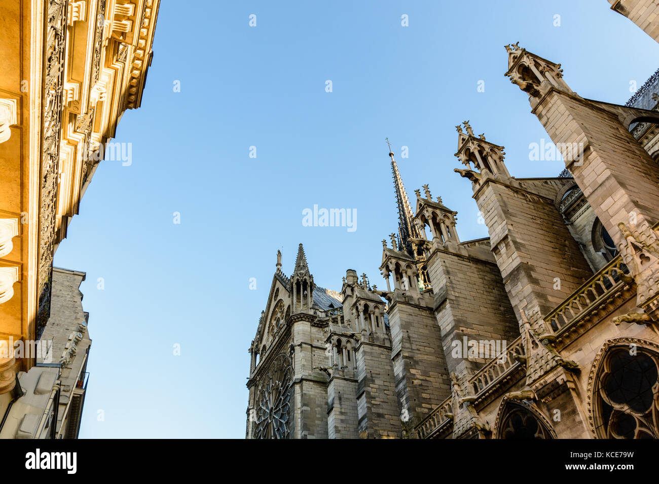 Low angle view of the North side and spire of Notre-Dame de Paris ...