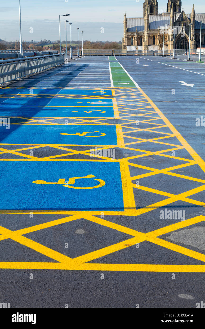 Empty disabled parking bays on a rooftop car park of the Flemingate ...