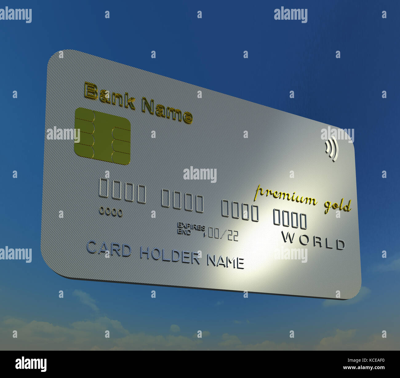 Carbon fibre textured bank card, credit card 3D illustration on cloudy ...