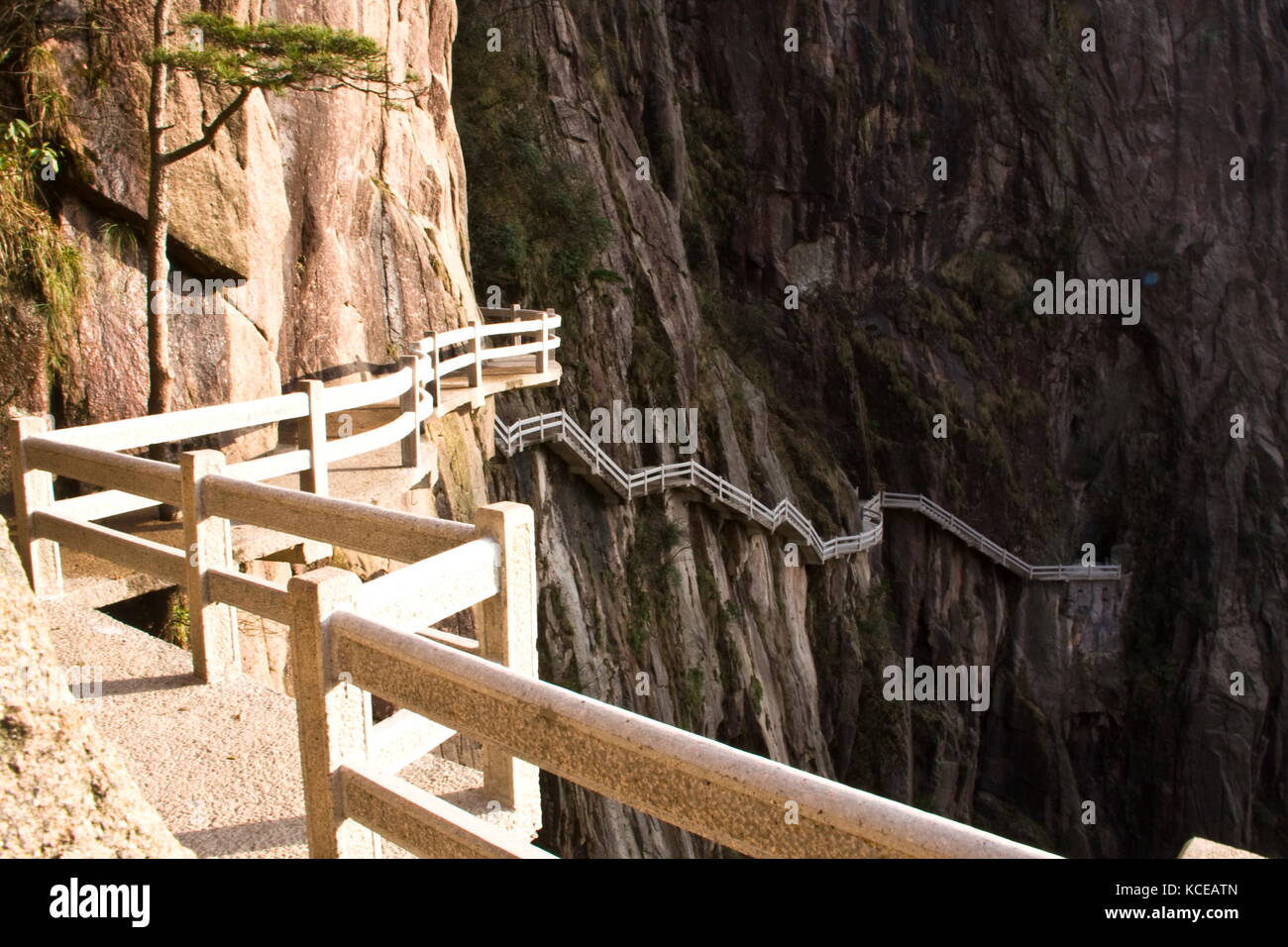 The way up , Stone Steep Steps . Trekking walking hiking Huangshan ...