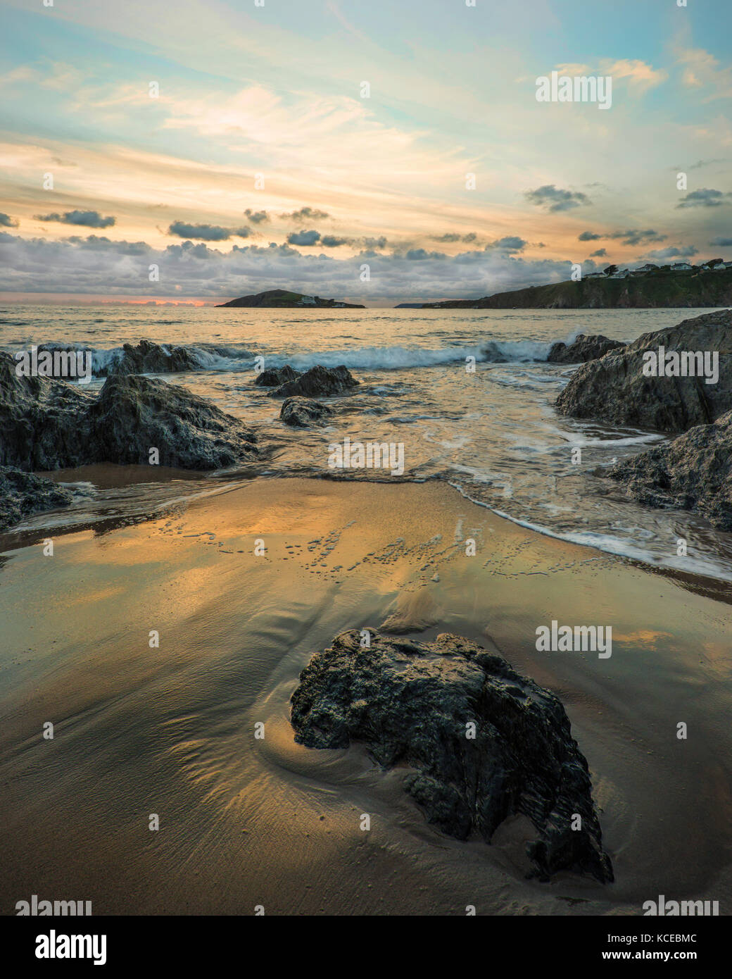 Sunset from Bantham Beach in South Devon looking towards Burg Island ...