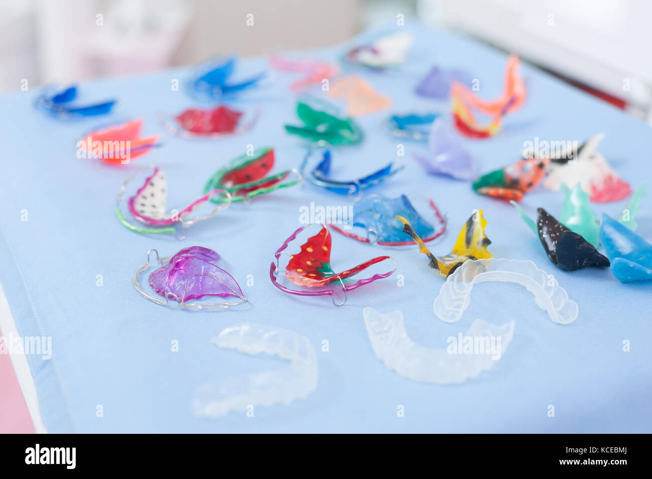 Dental braces or teeth retainers on table in dental clinic. Dental care ...