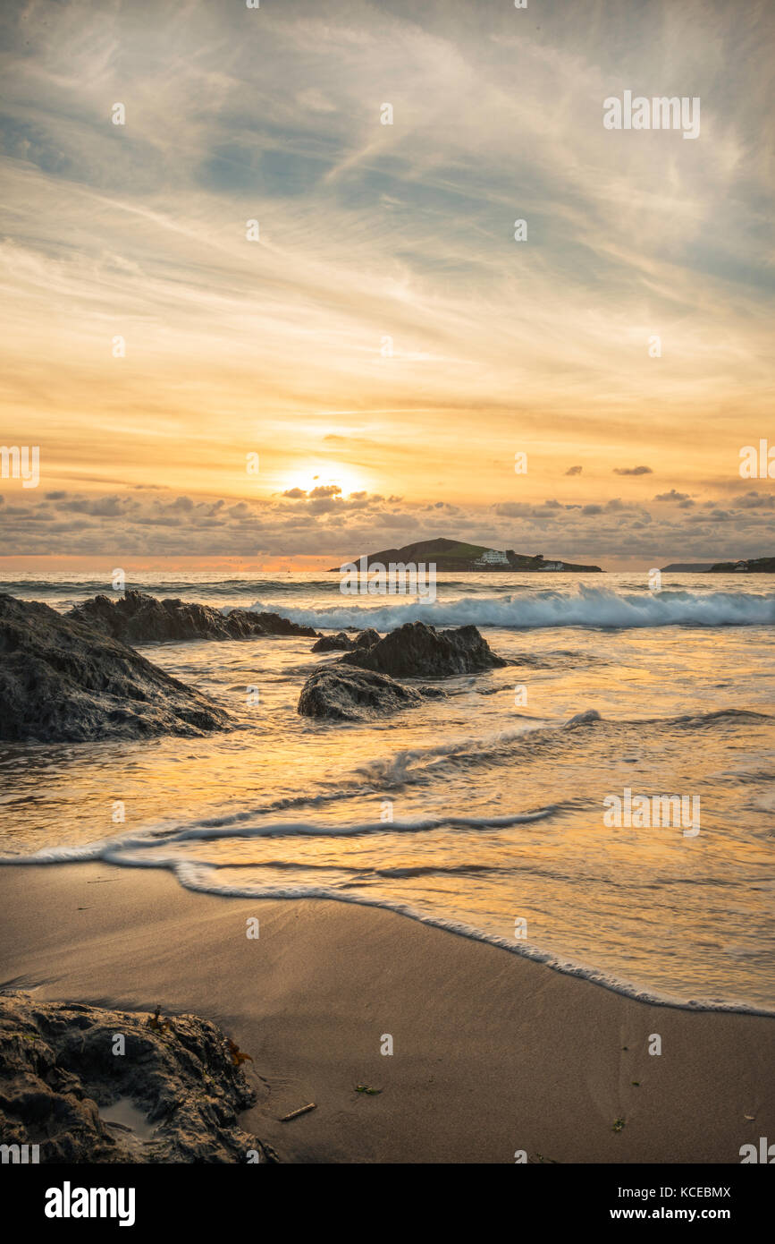 Sunset from Bantham Beach in South Devon looking towards Burg Island ...