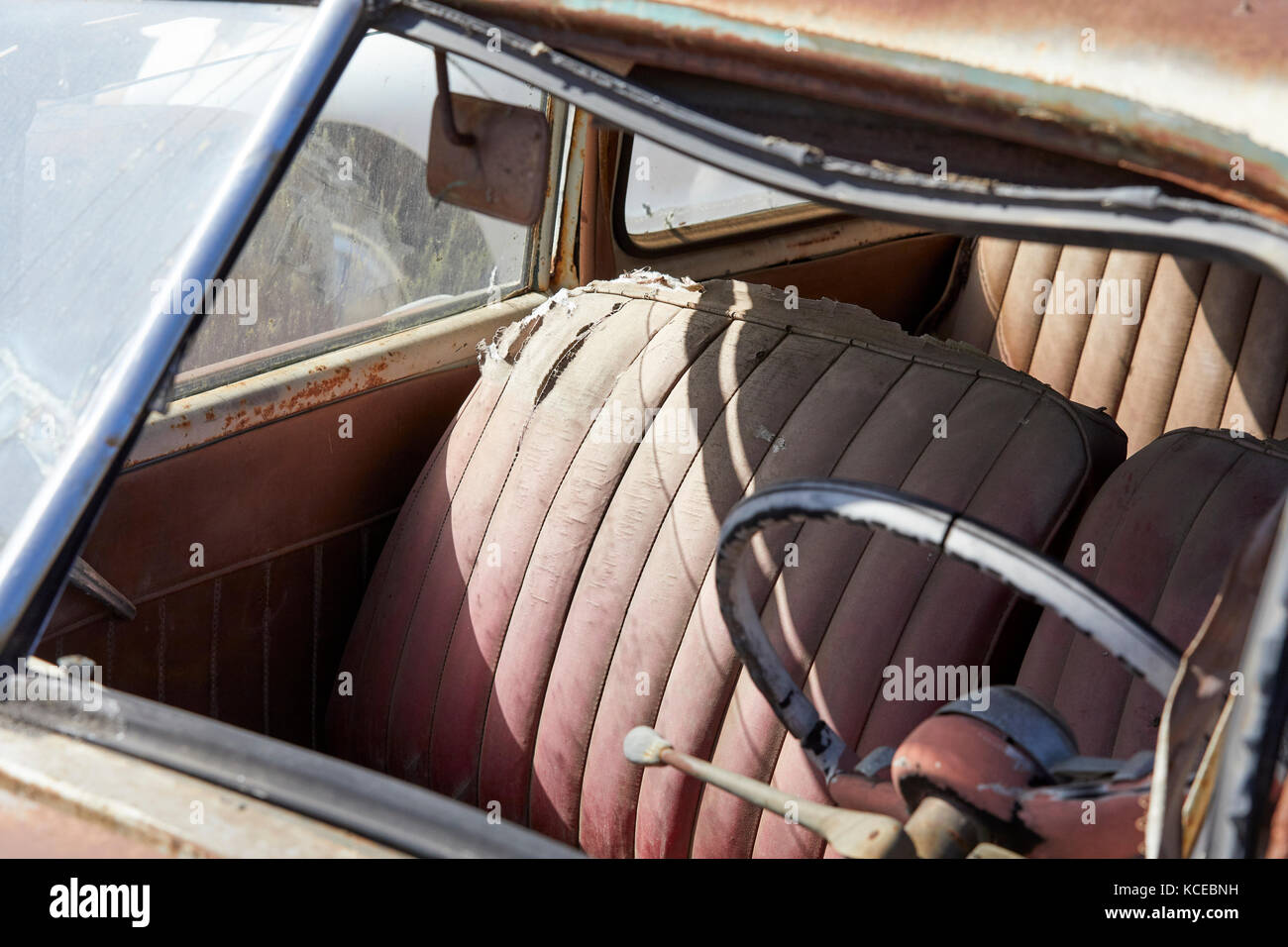 Close up detail of inside a classic vintage car at a scrap yard Stock ...