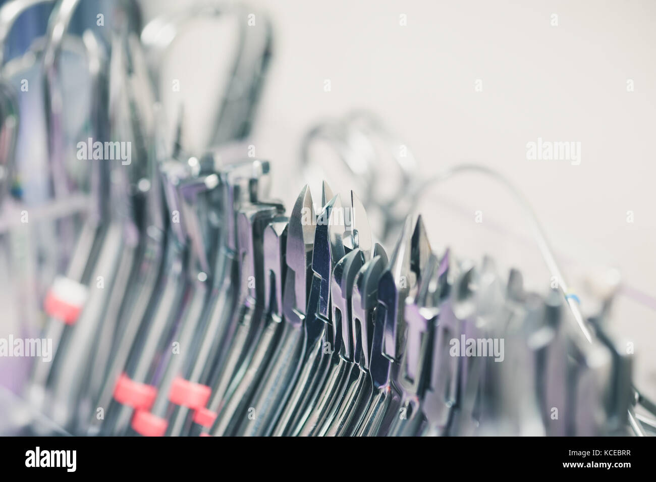 Dental instrument set for dentistry treatment on metal tray in clinic ...