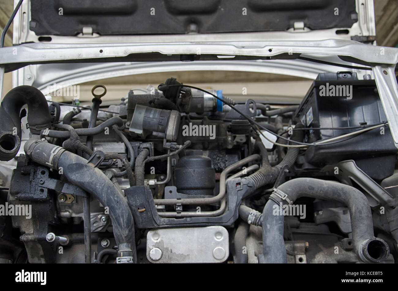 View of the engine bonnet of a crashed car Stock Photo - Alamy