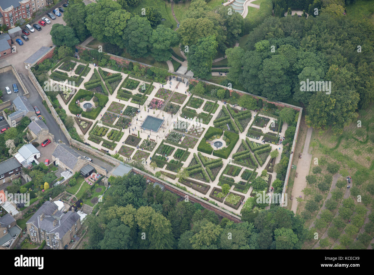 The Alnwick Garden, Northumberland. Aerial view of the geometric walled ...