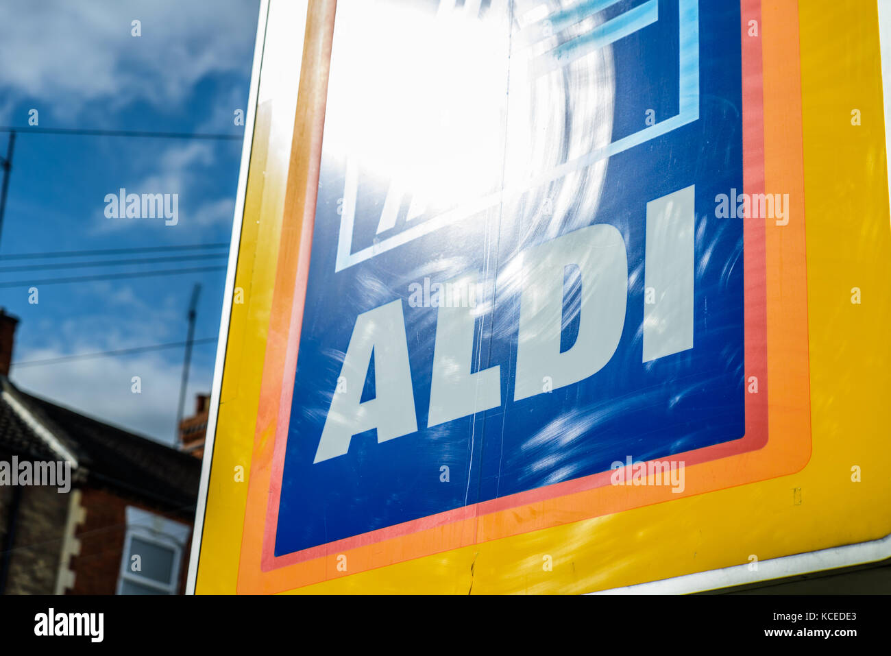 Northampton UK October 3, 2017: Aldi logo sign in Northampton town ...
