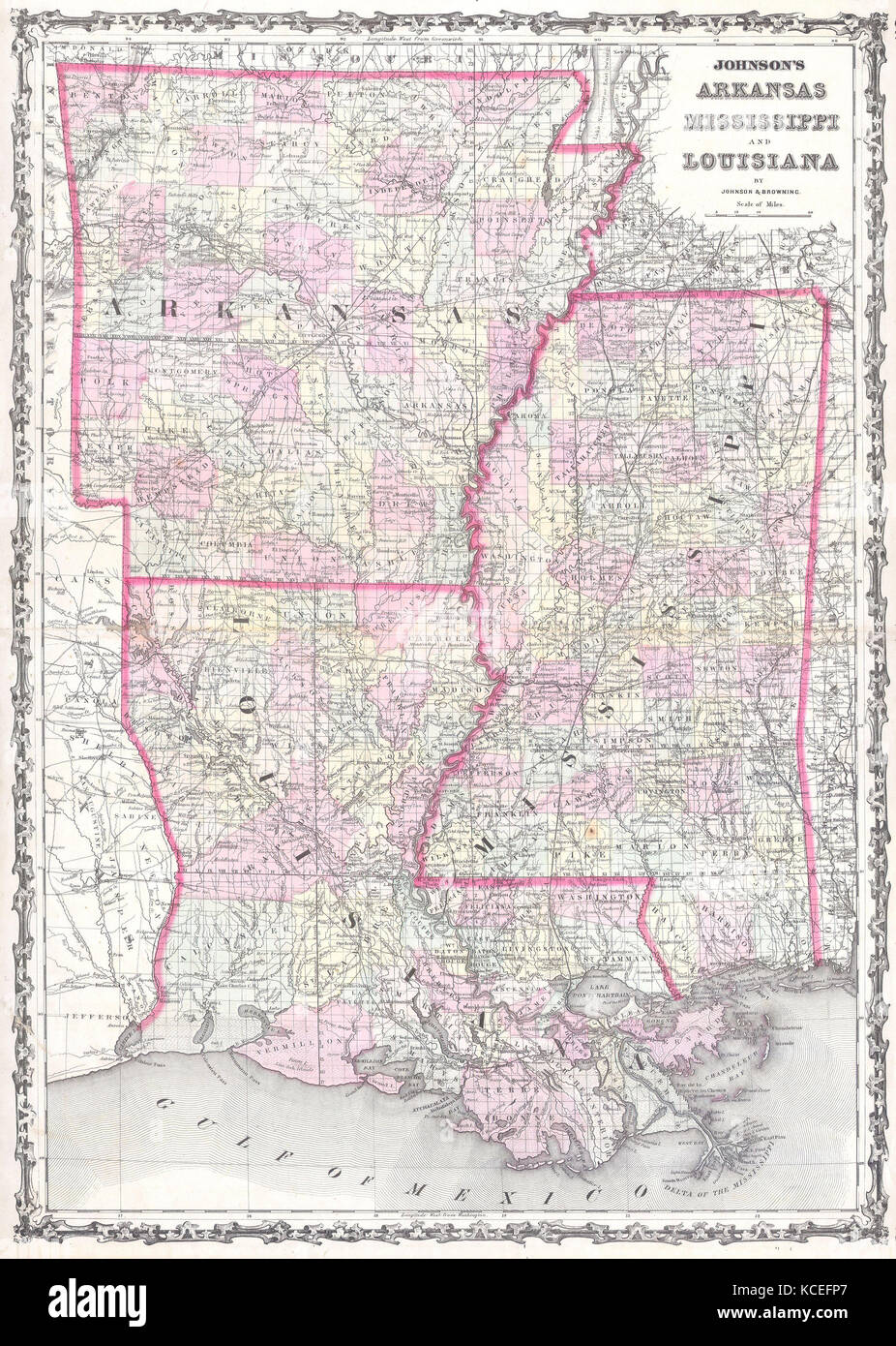1861, Johnson Map of Mississippi, Louisiana and Arkansas Stock Photo ...