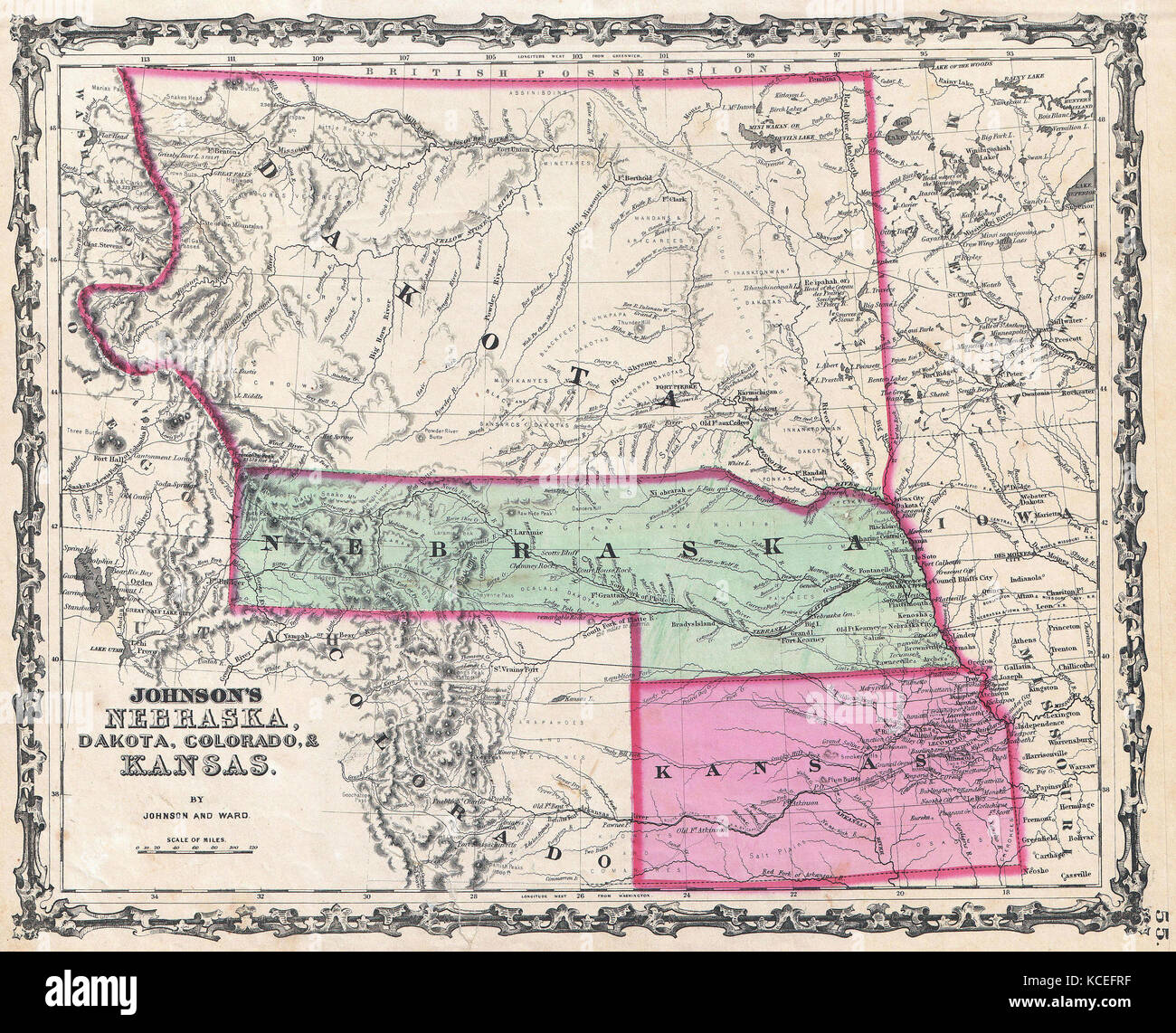 1862, Johnson Map of Kansas, Nebraska and Dakota Stock Photo - Alamy