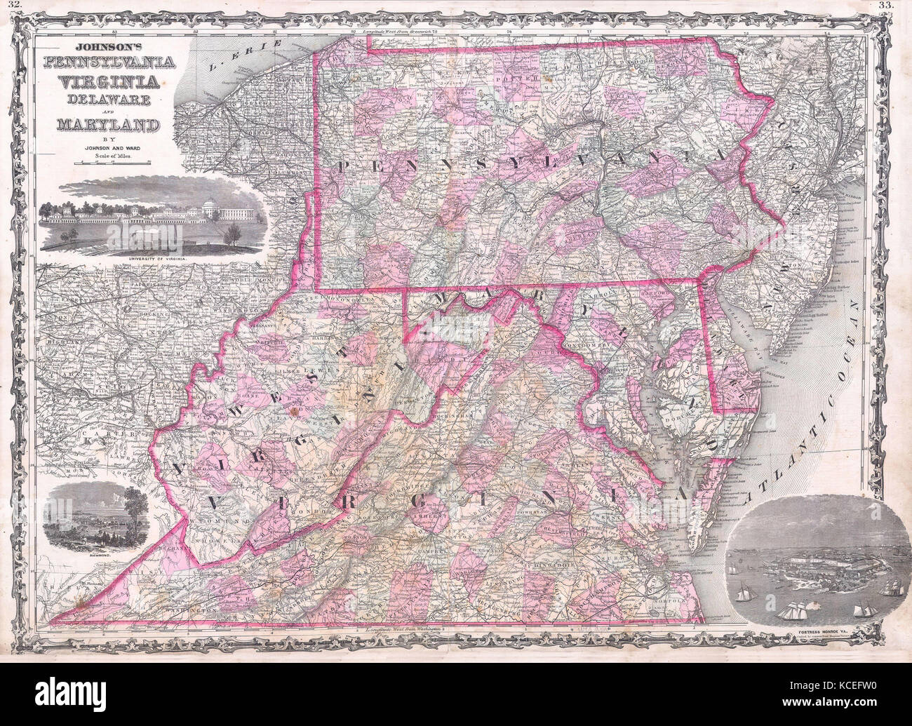 1863, Johnson Map of Virginia, Maryland, Delaware and Pennsylvania ...