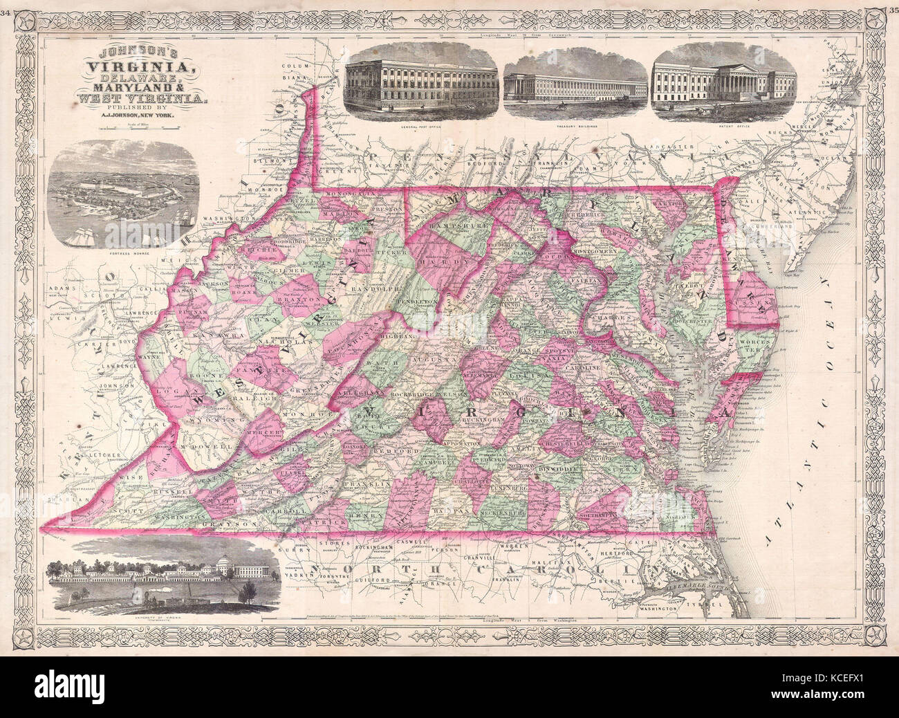 1864, Johnson's Map of Virginia, Delaware, Maryland and West Virginia ...