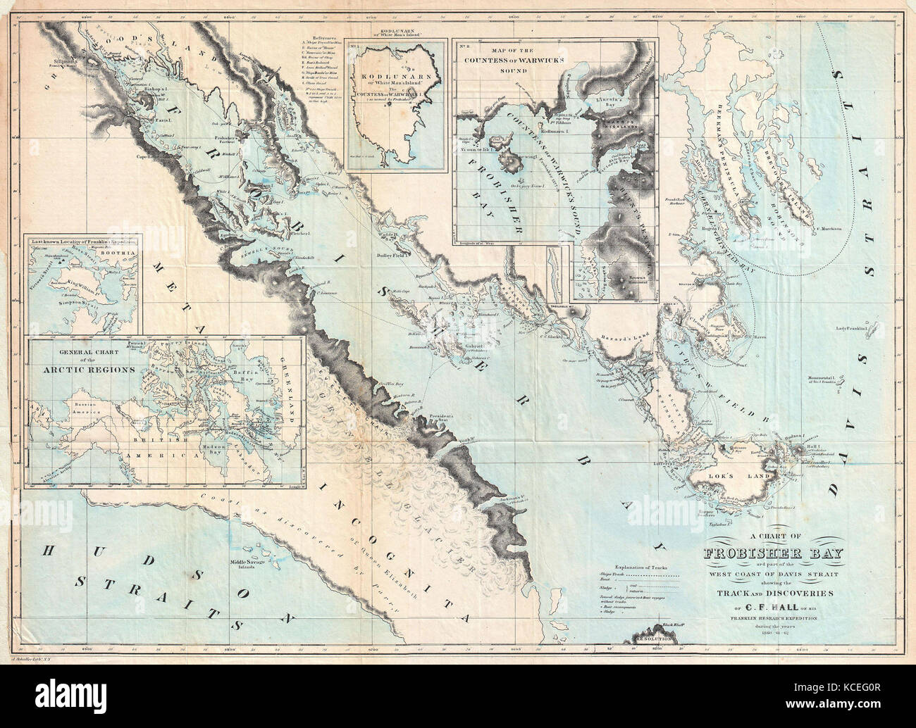 1865, Hall Map of Frobisher Bay, Baffin Island, Canada, important ...