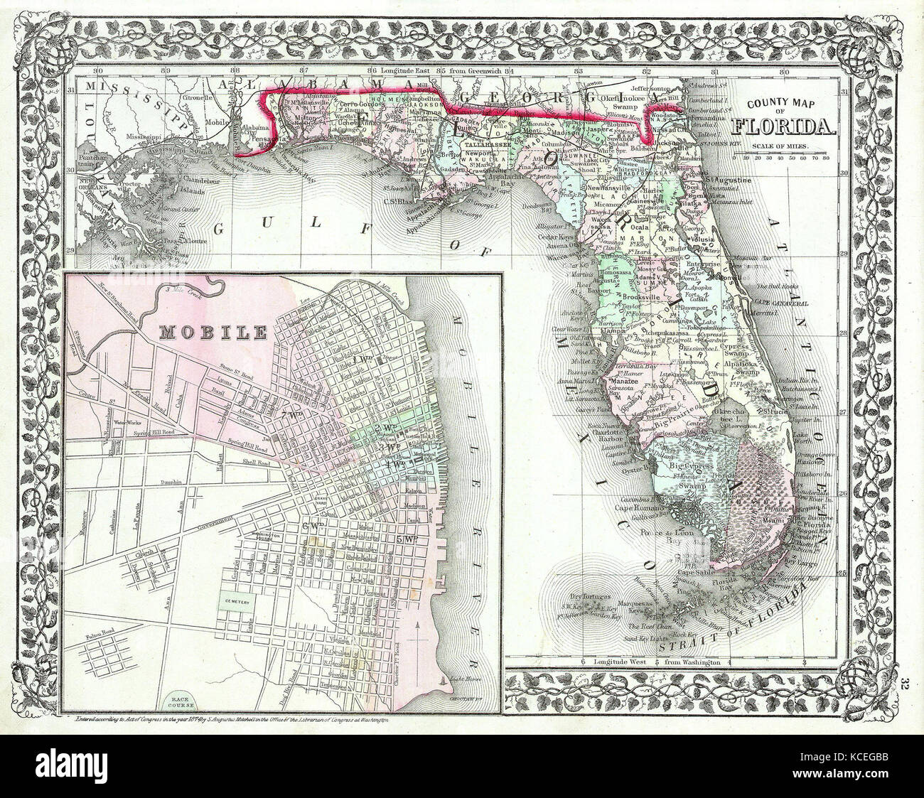 1874, Mitchell Map of Florida w- Mobile, Alabama inset Stock Photo - Alamy