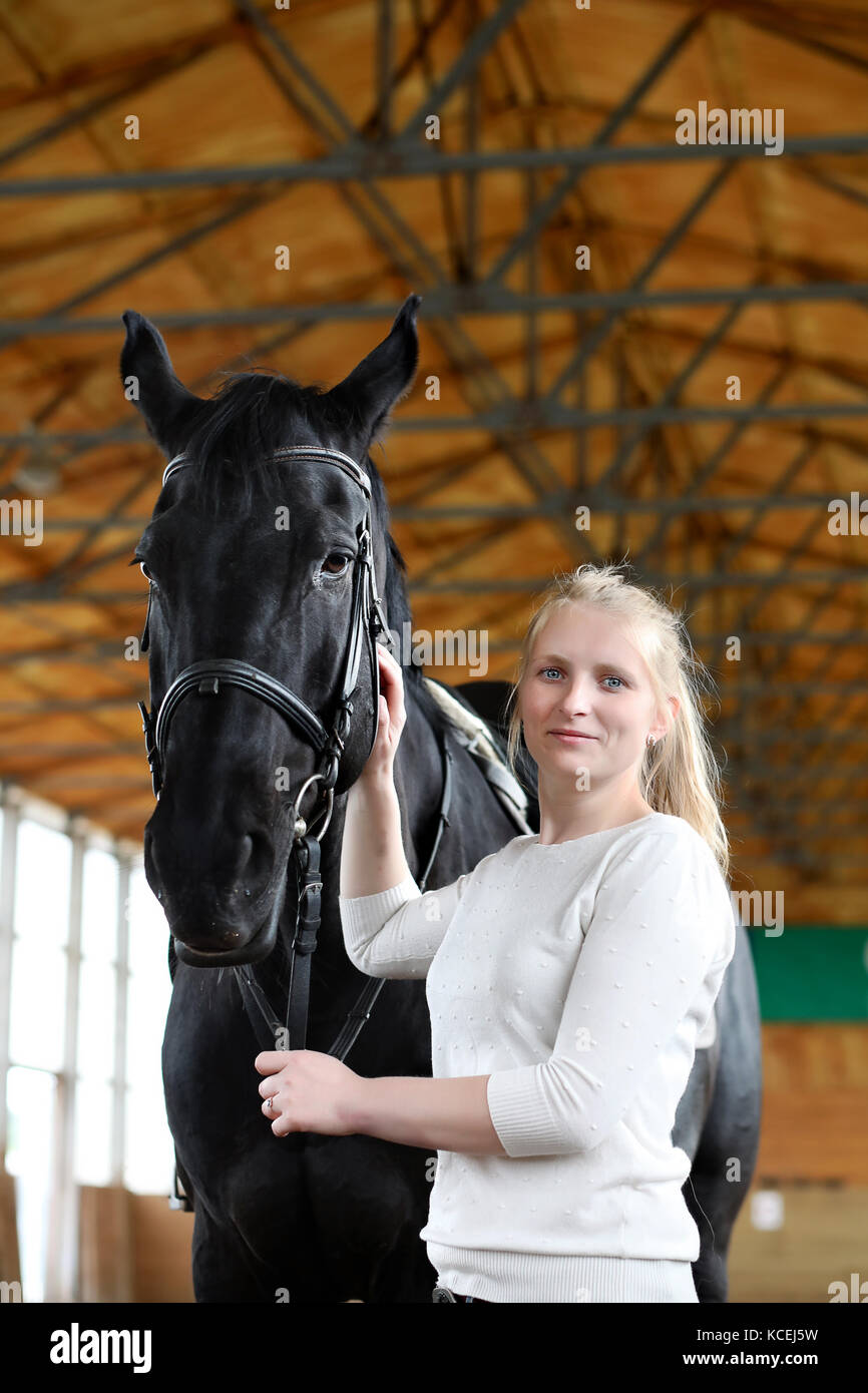 People on a horse training in a wooden arena Stock Photo - Alamy