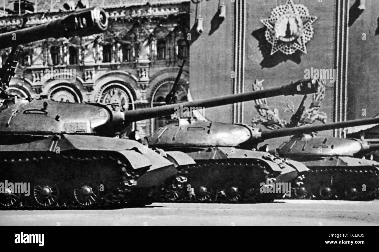 Photograph taken during Moscow's May Day Parade showing heavy tanks ...