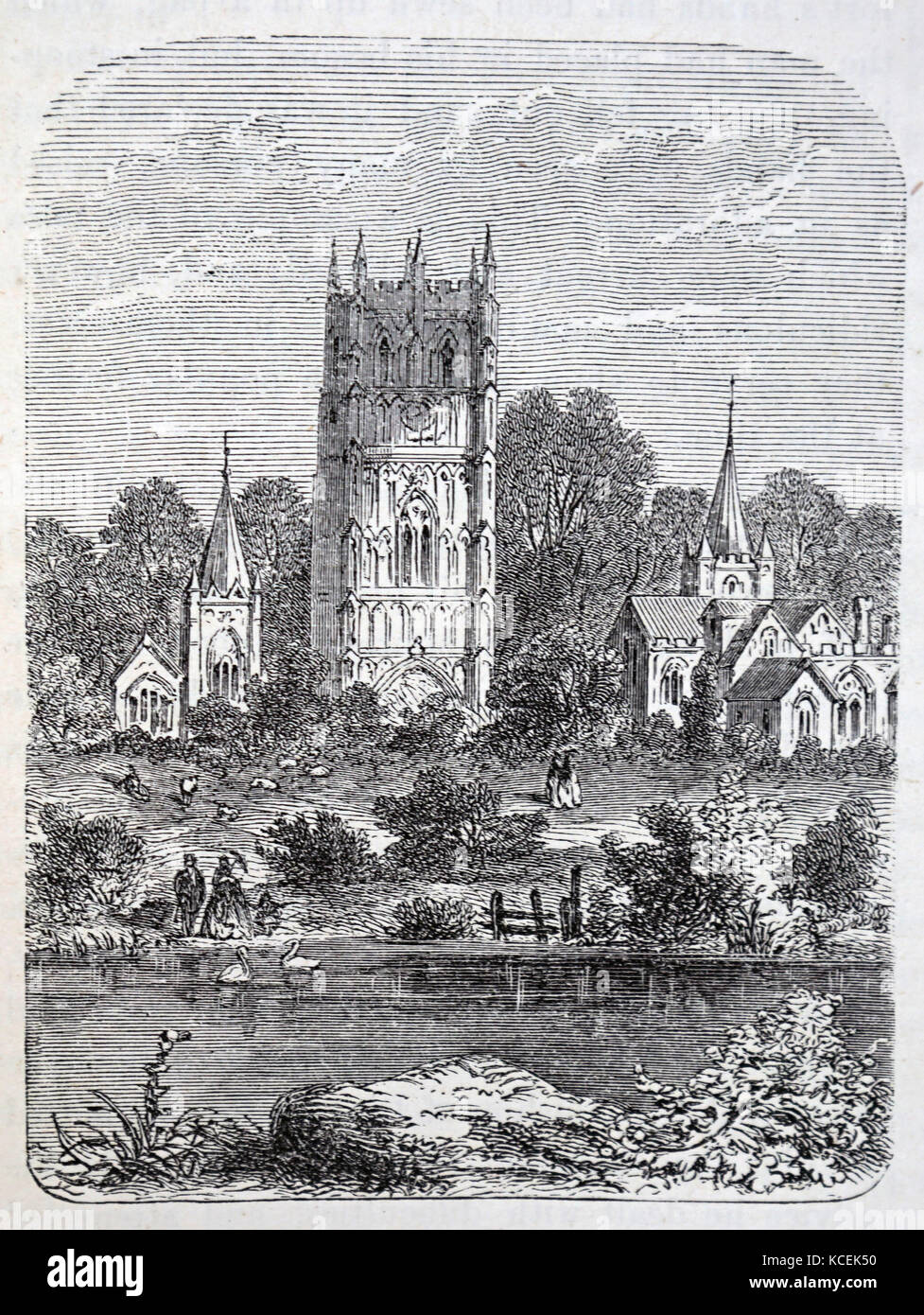 Engraving depicting Evesham Abbey, founded by Saint Egwin at Evesham in ...