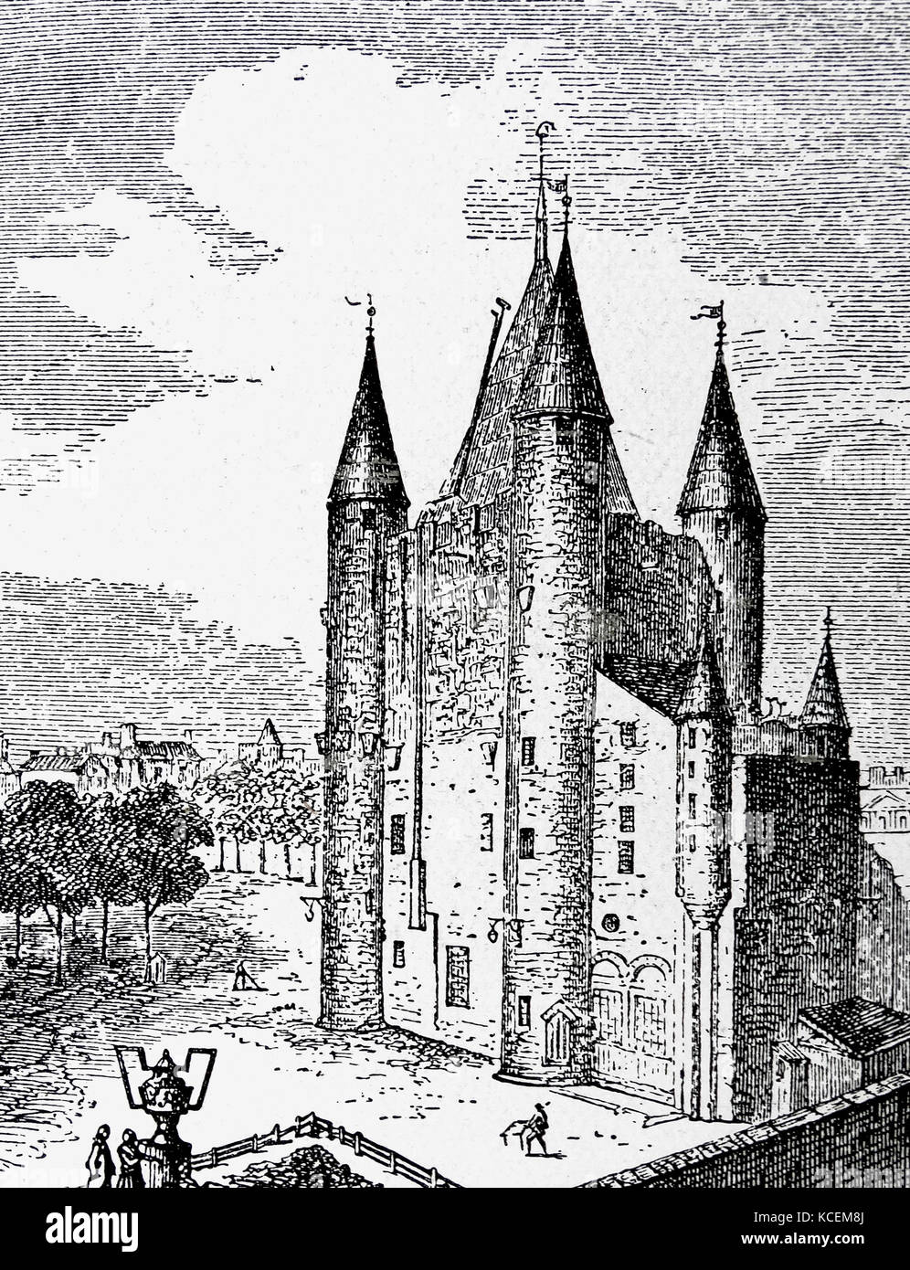 Engraving depicting The Temple of Paris, which served as a prison to ...