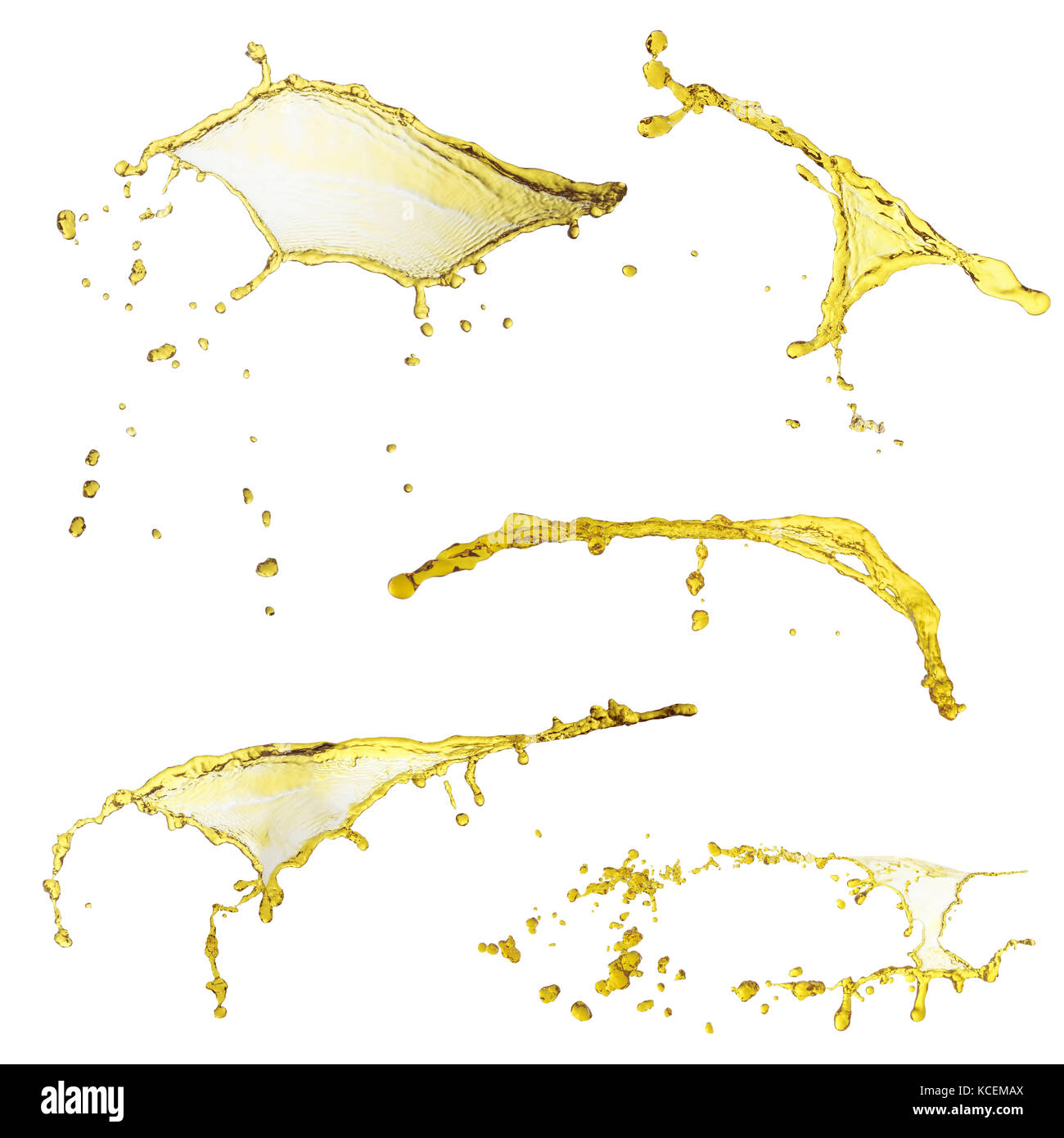 Elegant collection of flying oil splashes and drops isolated over white ...