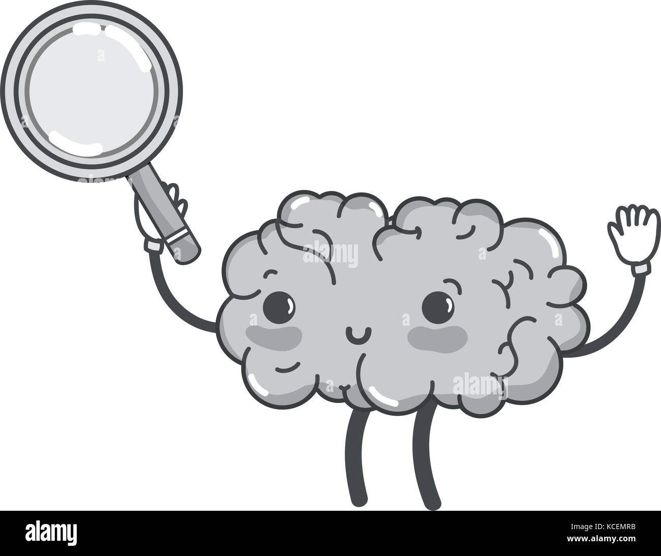 grayscale kawaii happy brain with magnifying glass Stock Vector Image ...