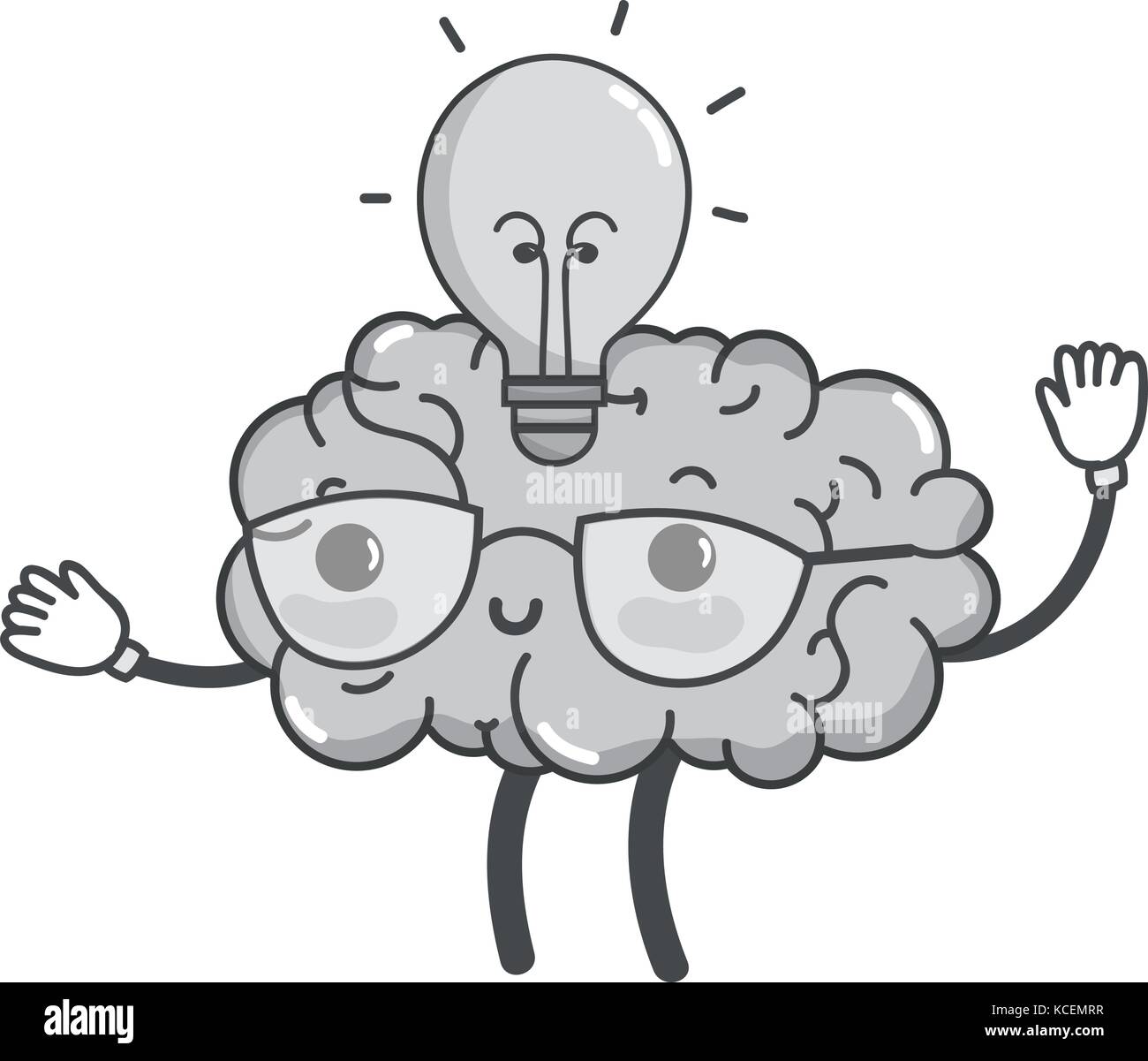 grayscale kawaii happy brain with bulb idea Stock Vector Image & Art ...