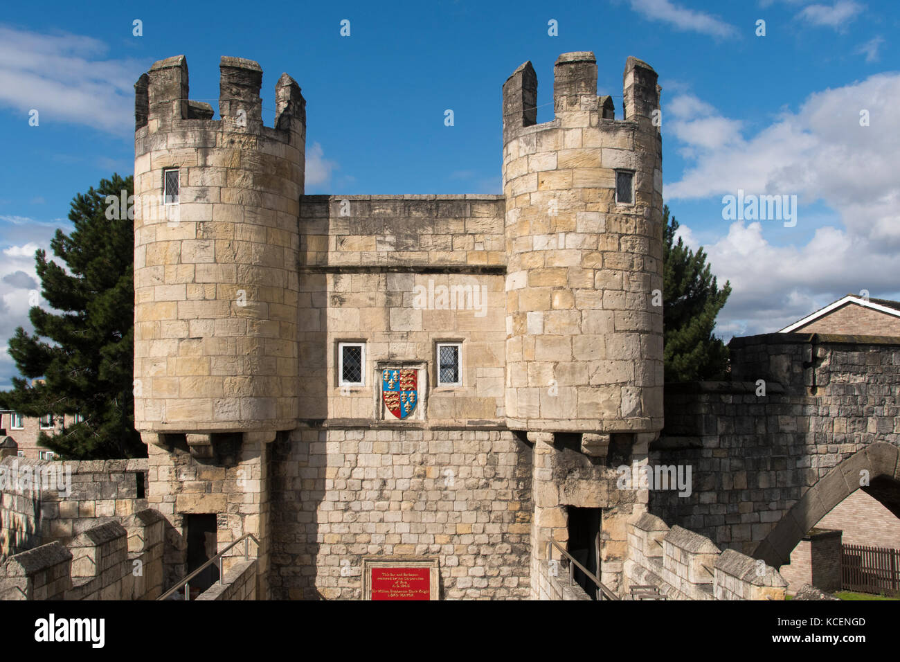 View of upper section of historic Walmgate Bar, one of the medieval ...