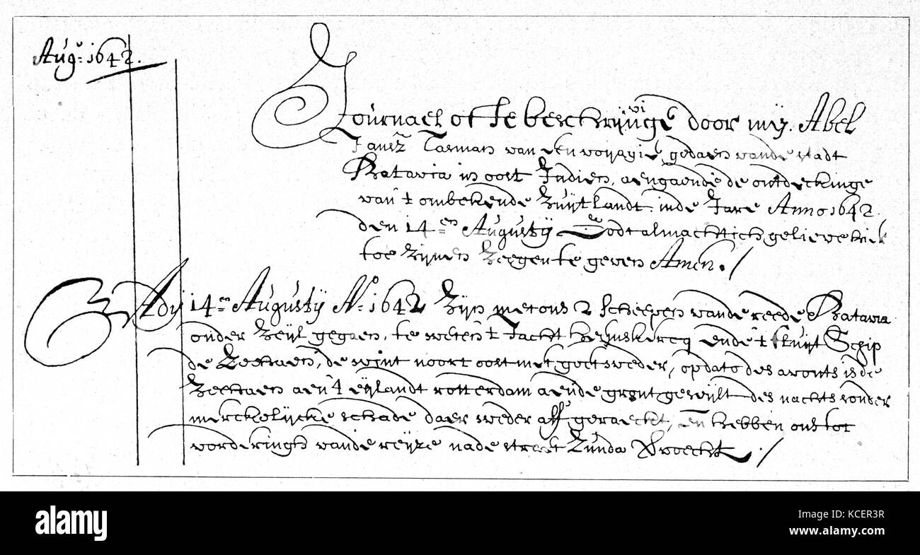 Diary entry by Abel Tasman (1603-1659) a Dutch seafarer, explorer, and ...