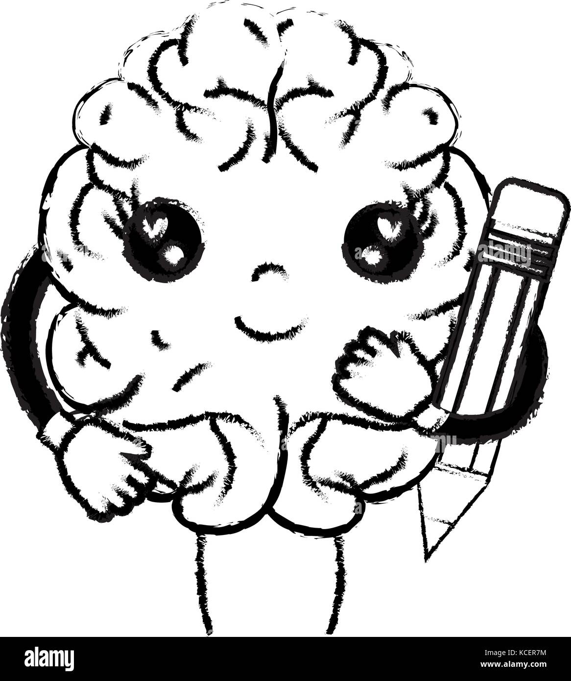 figure kawaii happy brain with pencil tool vector illustration Stock ...
