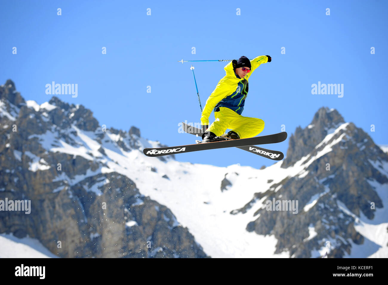 A man jumps on skis in the French alpine resort of Courchevel, with the ...