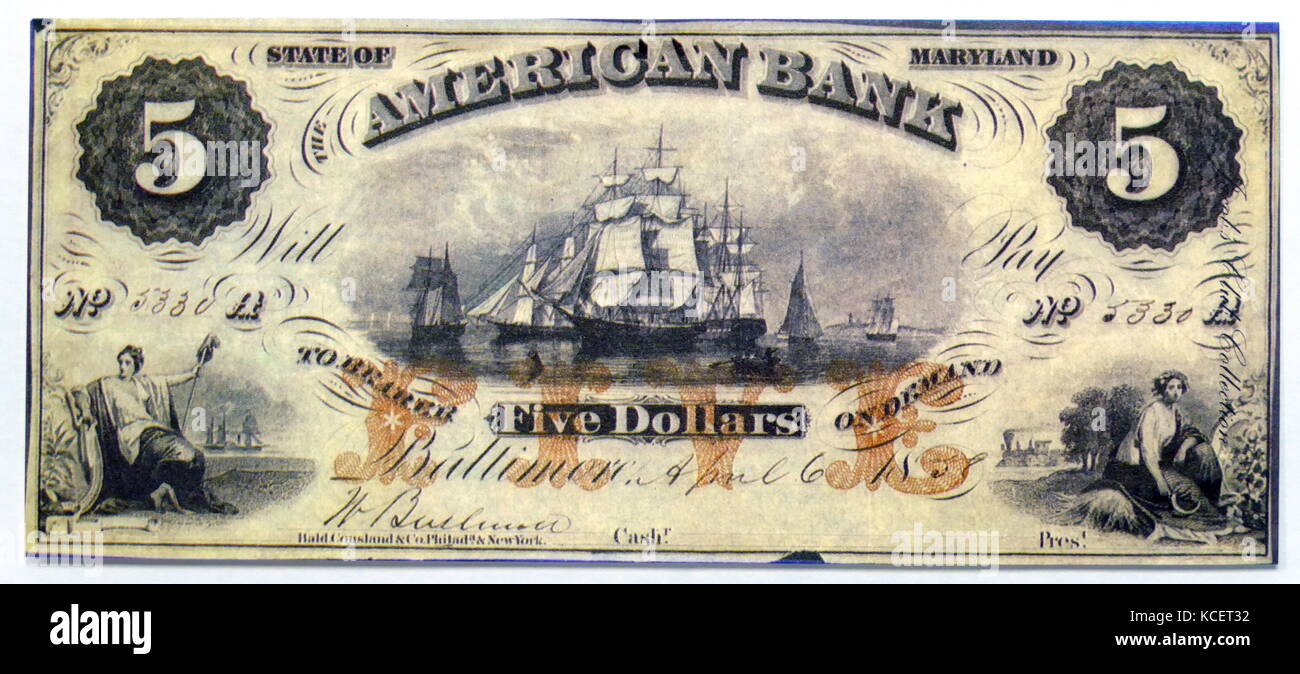 Maryland $5 banknote. circa 1880. The private banks of America in the ...