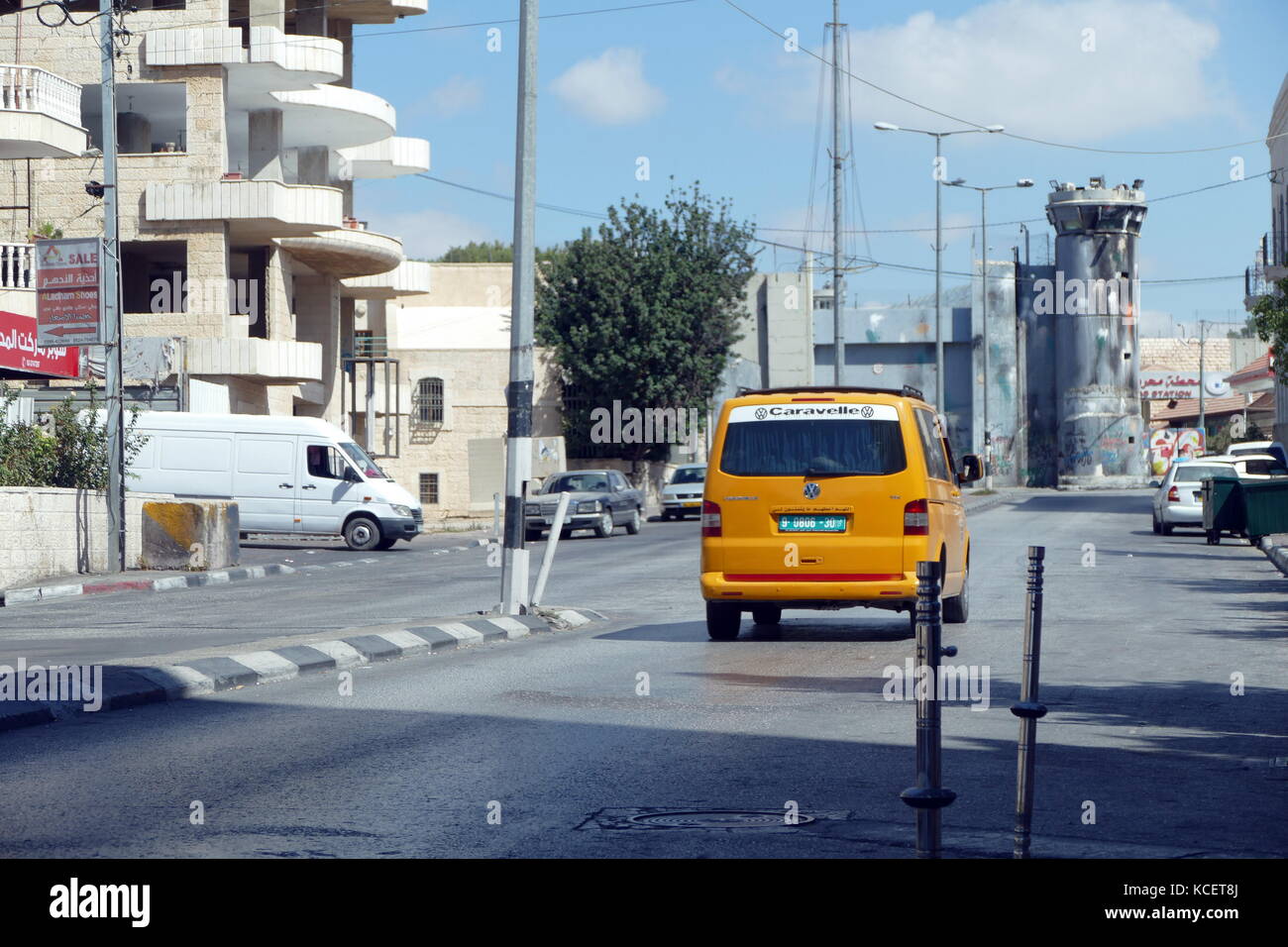 Guard tower at the entrance to a walled refugee camp in the Palestinian ...