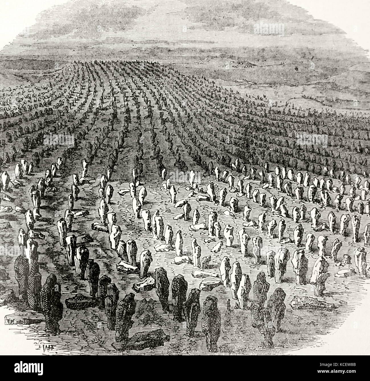 Engraving depicting the Carnac stones, a collection of megalithic sites ...