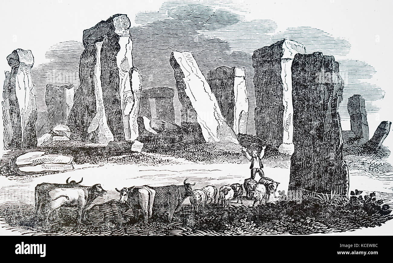 Engraving depicting Stonehenge, a prehistoric monument. Dated 19th ...